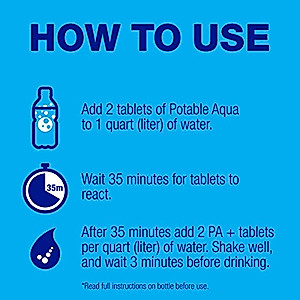 Potable Aqua Water Purification Tablets with PA Plus, Portable and Effective Water Purification Solution for Camping, Hiking, Emergencies, Natural Disasters and International Travel, Two 50ct Bottles