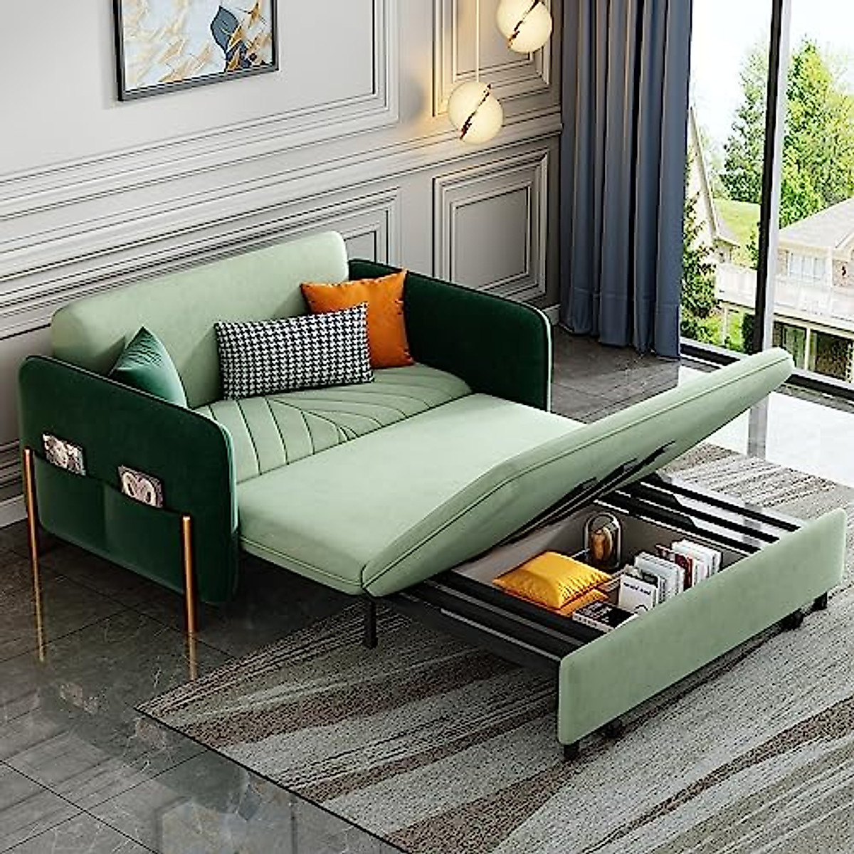 comfor u 53.5" Full Sleeper Sofa Green Upholstered Convertible Sofa Bed 3 in 1 Sleeper Sofa Couch Bed, Small Tufted Velvet Convertible Loveseat Futon Sofa w/Pullout Bed, Multi-Pockets for Living Room