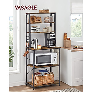 VASAGLE Coffee Bar, Baker’s Rack for Kitchen with Storage, 6-Tier Kitchen Shelves with 6 Hooks, Microwave Stand, Industrial, 15.7 x 23.6 x 65.7 Inches, Rustic Brown and Black UKKS024B01