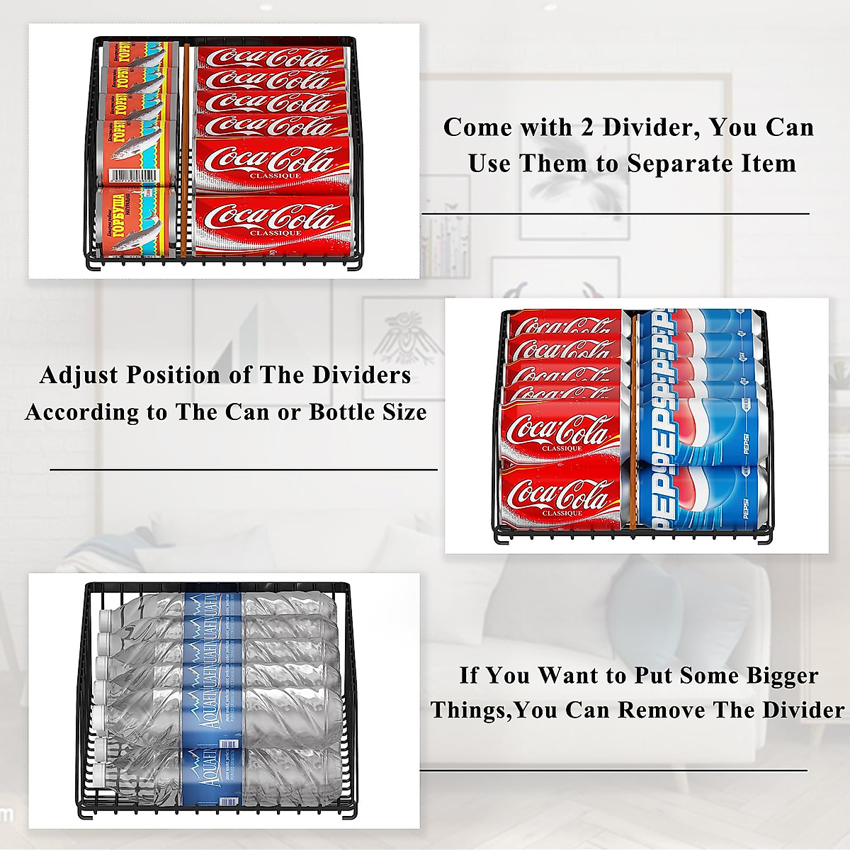 GILLAS 2 Pack Stackable Soda Can Organizer with Dividers for Refrigerator, Can Holder Dispenser Canned Food Organizer, Beverage Storage Basket Rack Drink Organizer for Fridge, Kitchen, Pantry, Black