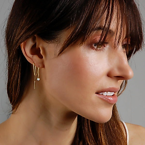 Created Opal Earrings for Women - Dangly Earrings for Woman, White Opal Gold Long Earrings, Double Earrings for Two Holes, Gold Opal Drop Earrings, 14k Gold Plated Gold Threader Earrings for Women