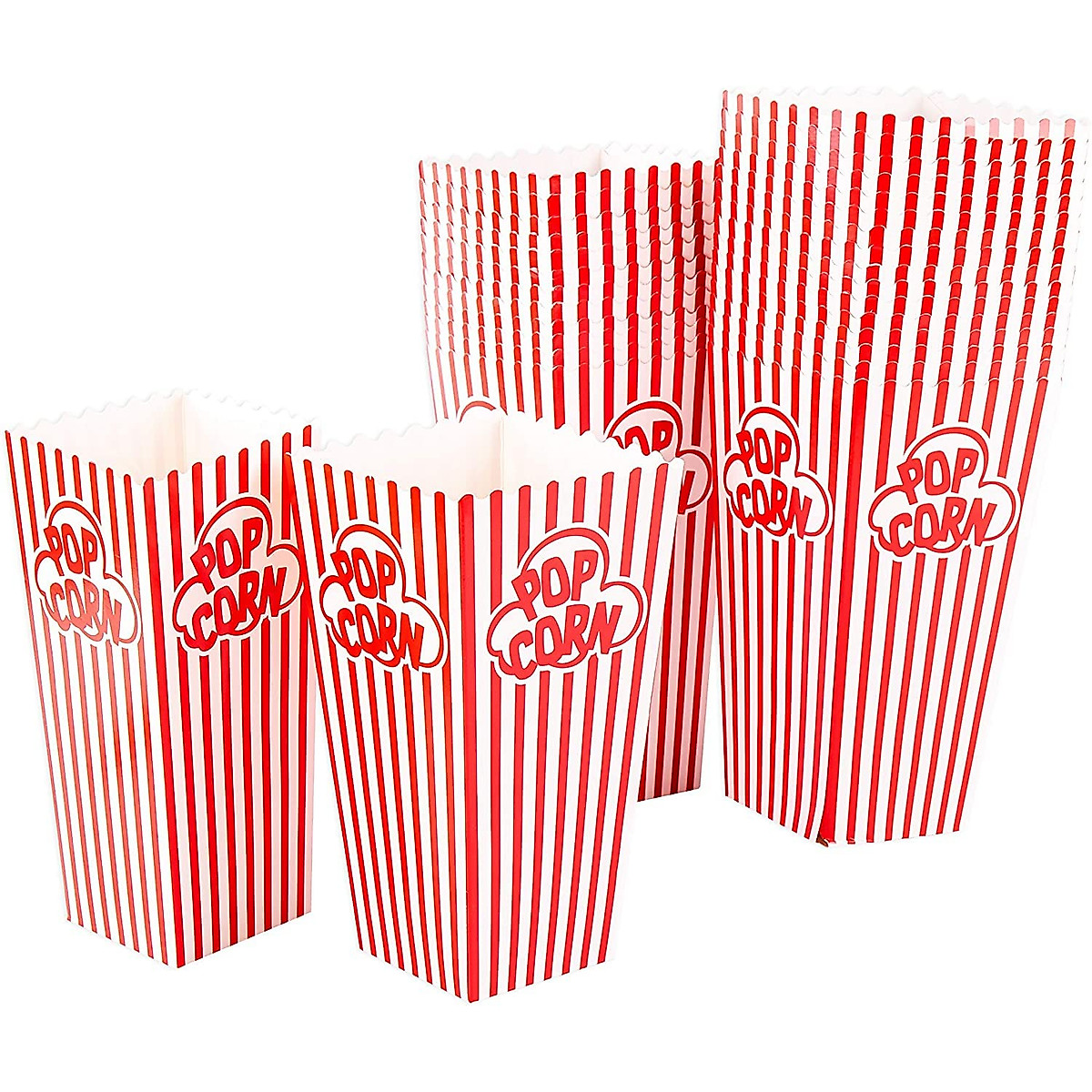 GSM Brands Popcorn Containers Boxes (100 Pack) - Striped White and Red Paper - for Home Movie Theater