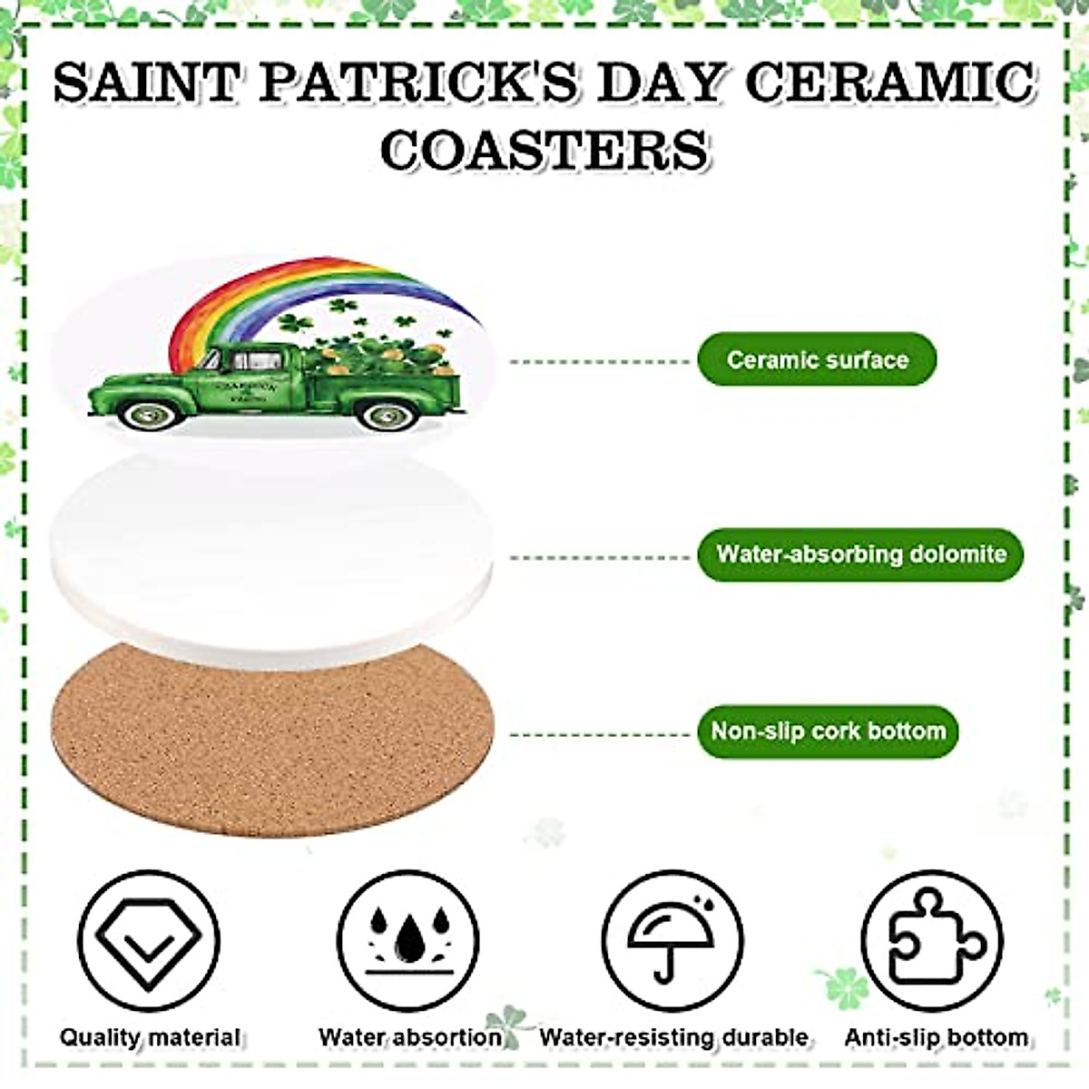 Whaline St. Patrick's Day Coaster 4Pcs Watercolor Irish Gnome Truck Rainbow Hat Leprechaun Leg Drink Coaster Irish Ceramic Coaster Cup Mat for Mugs Cups Home Kitchen Party Supplies