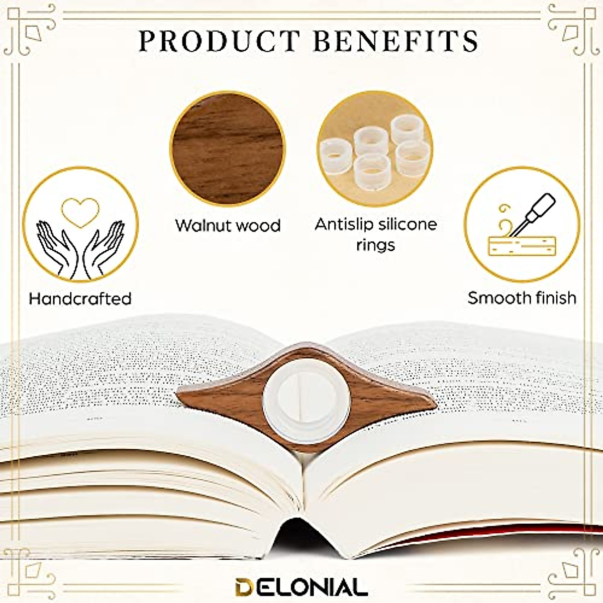 DELONIAL Book Page Holder with 5 Adjustable Rings, Handmade Natural Walnut Thumb Bookmark for Keep Book Open