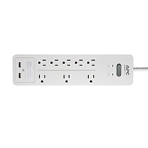 APC Surge Protector, White Power Strip PH8W, 2160 Joules, Flat Plug, 8 Outlet Power Strip