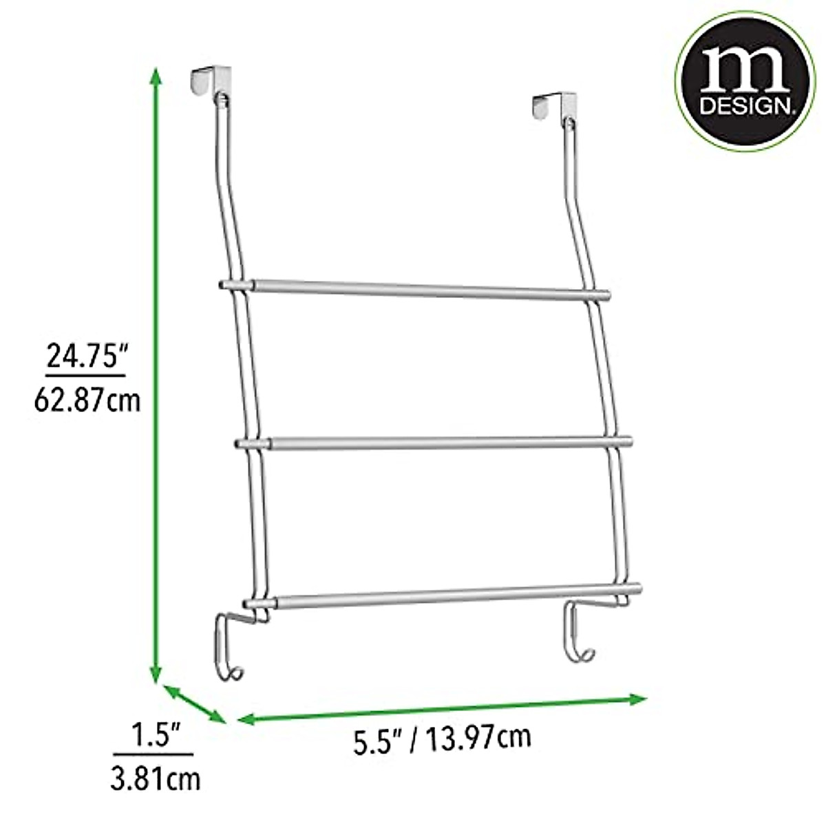 mDesign Expandable Metal Over Shower Door Towel Rack for Bathroom - 3-Tier Organizer with 2 Large Hooks - Holder for Hand/Bath Towels, Washcloths, Loofahs, Sponges - Trinity Collection -Chrome