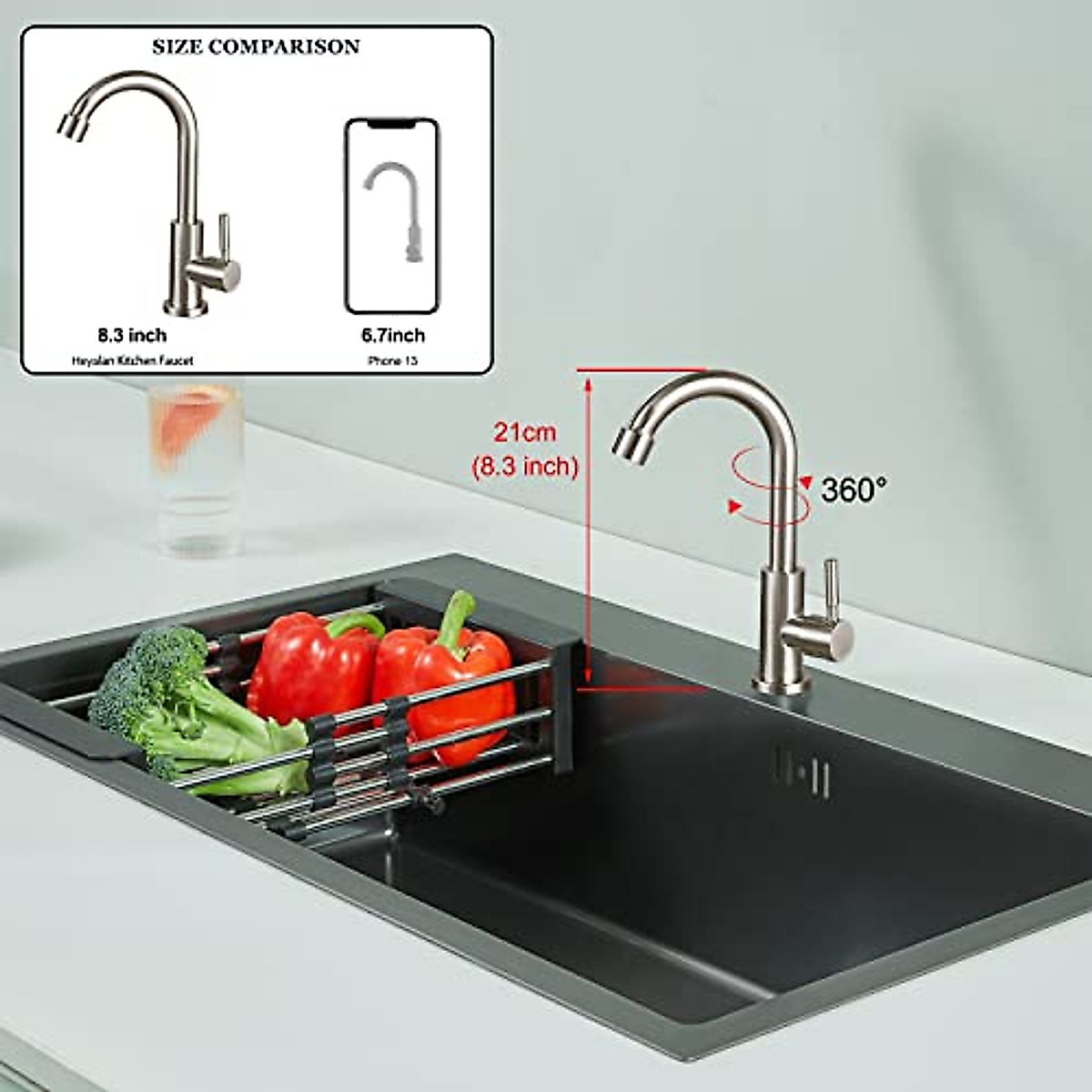 Cold Water Only Kitchen Faucet Brushed Nickel Single Handle 1 Hole 360 Degree Swivel Spout Deck Mount High Arc SUS304 Stainless Steel Sink Bar Tap Goose Neck with Hose(Drain Not Included)
