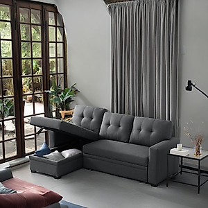 MACHOME 82 inch L-Shape Sofa Sectional Convertible Sleeper with Storage Chaise Corner Couch Pull Out Sleeperbed with Arms for Apartment, Dorm, Living Room, Dark Gray