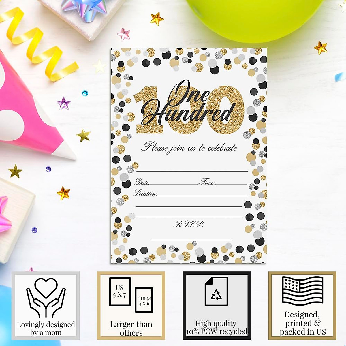 Confetti Polka Dot 100th Birthday Party Invitations, 20 5x7 Fill In Cards with Twenty White Envelopes by AmandaCreation