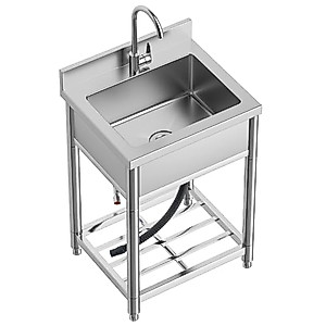 Stainless Steel Utility Sink, Free Standing Single Bowl Kitchen Sink with Cold and Hot Water Faucet, Commercial Sink for Restaurant Bar Cafe and Hotel, Indoor and Outdoor Sink, 21.7 in