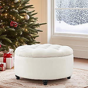 HUIMO 30-Inch Round Storage Ottoman, Modern Button Tufted Coffee Table with Removable Top, Upholstered Ottoman with Storage Footrest Stool for Living Room, Bedroom and Office(Ivory)
