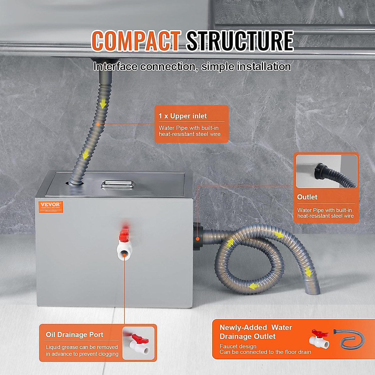 VEVOR Commercial Grease Trap, 8 LBS Grease Interceptor, Top Inlet Interceptor, Under Sink Stainless Steel Grease Trap, 2.8 GPM Waste Water Oil-water Separator, for Restaurant Canteen Home Kitchen