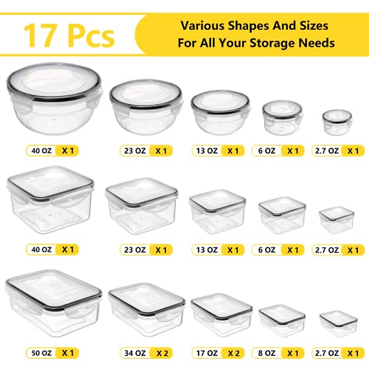 JSCARES 34 PCS Food Storage Containers Set and Food Storage Containers Set with Airtight Lids BPA-Free Plastic Food Container for Kitchen Storage Organization