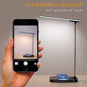 Becament LED Desk Lamp with Wireless Charger, USB Charging Port, 5 Color Modes with 5 Brightness Levels, Dimmable Home Office Lamp, Touch Control, 30/60 Min Timer, Eye-Caring Reading Table Lamp, Black