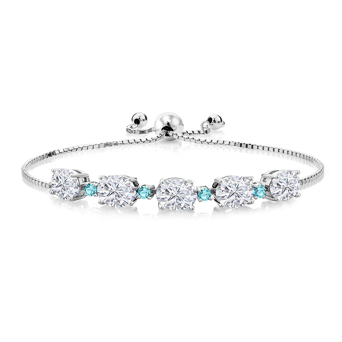 Gem Stone King 925 Sterling Silver Bracelet For Women Forever Brilliant Oval 7.82cttw Moissanite by Charles & Colvard and Swiss Blue Topaz