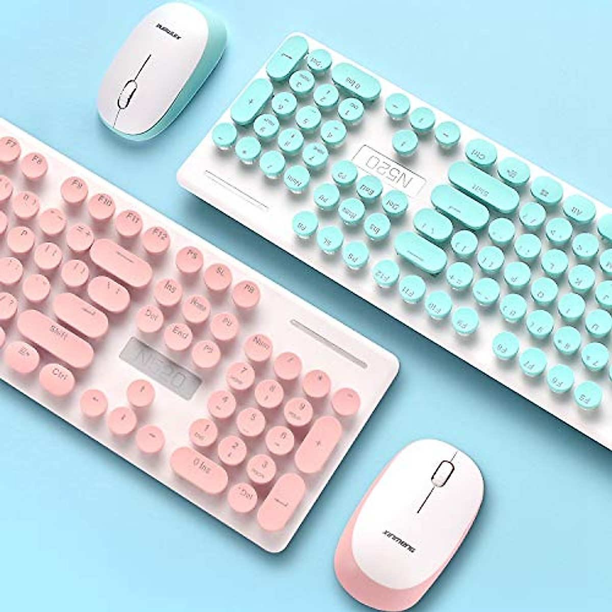 CORN Technology N520 Ergonomic Design, Retro Chiclet Round Keycaps, 2.4GHz Wireless Connectivity Silent Typing Keyboard and 1600DPI Mouse Combo for Office and Game (Blue)