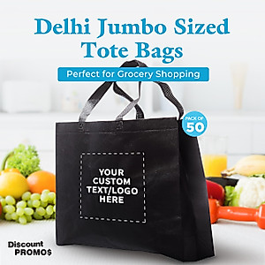 DISCOUNT PROMOS Custom Jumbo Sized Tote Bags Set of 50, Personalized Bulk Pack - Reusable Grocery Bags, Shopping Bags, Promotional Item Totes for Women - Black