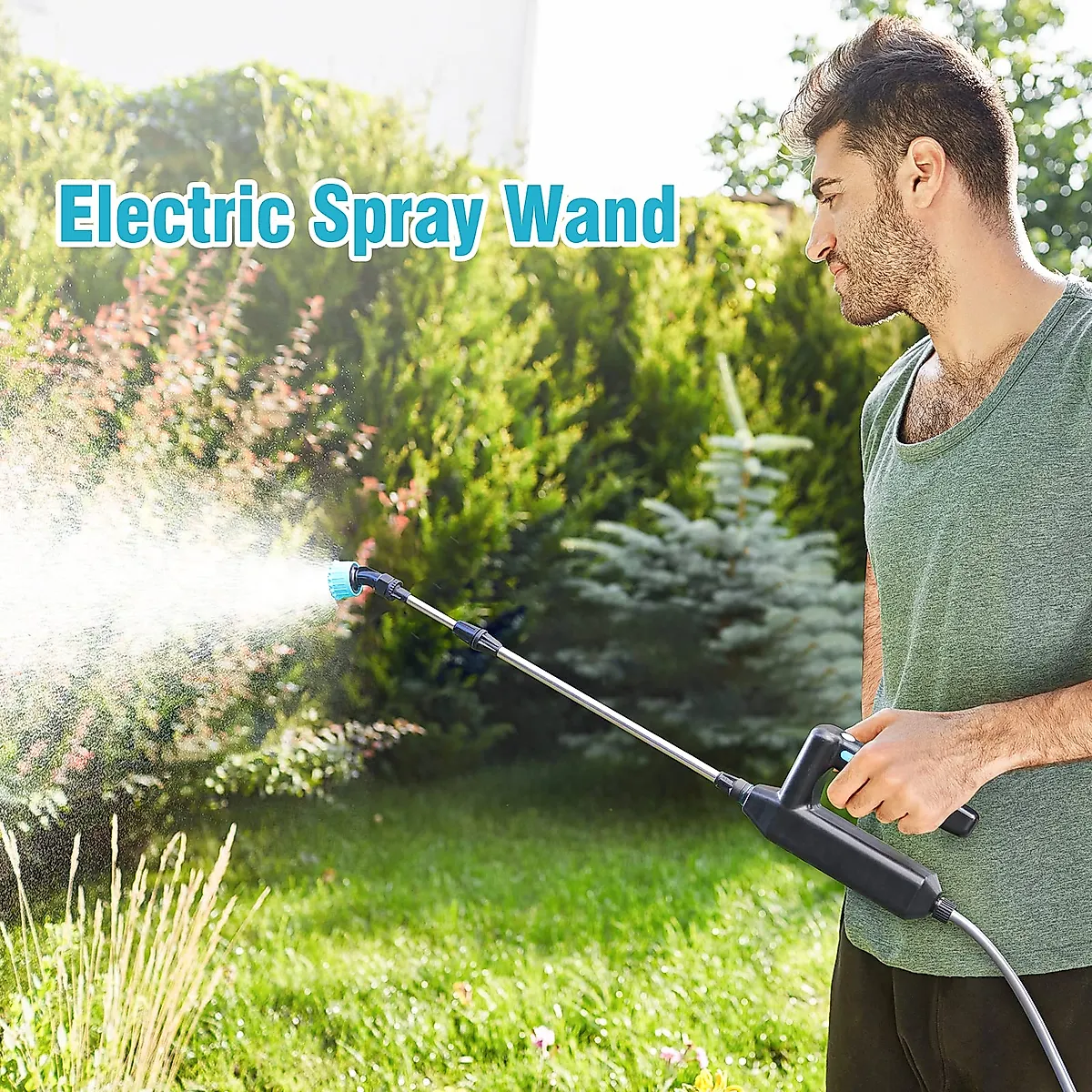 SideKing Battery Powered Sprayer Wand, 23.6inch Electric Sprayer Telescopic Watering Wand with 16.4FT Hose, Rechargeable and Portable Spray Wand for Gardening (3 Nozzles)