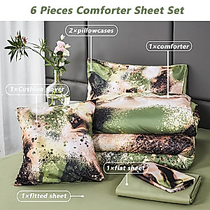 PERFEMET 6-Piece Queen Bed in A Bag Green Gold Tie Dye Bedding Set Lightweight Luxury Abstract Marble Textured Comforter Set for Kids Boys Girls(Green, Queen)