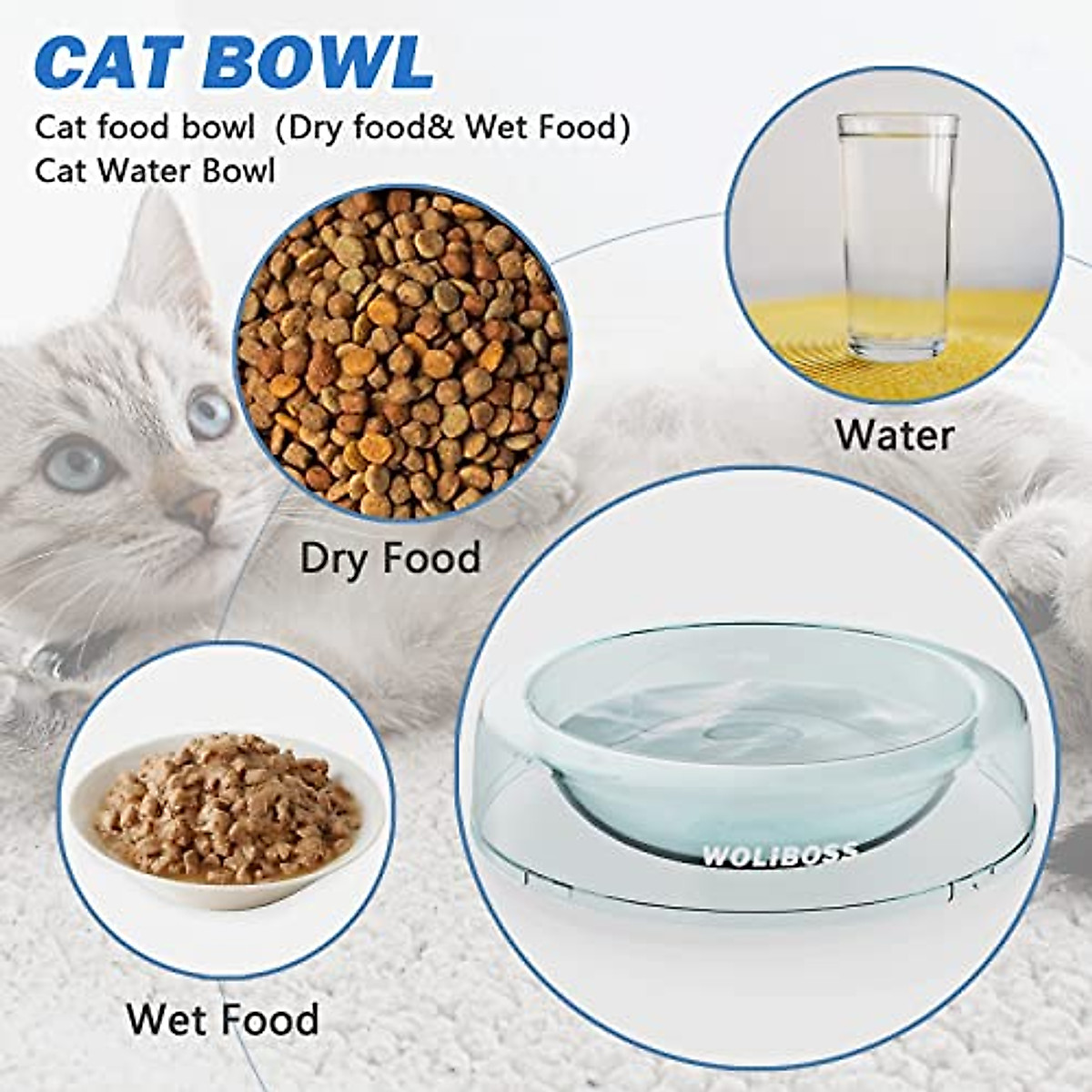 12oz 2 in 1 Cat Water Bowl Dog Water Bowl - Cat Food Bowl & Whisker Fatigue Cat Bowl Plate for Indoor Outdoor, Detachable Wobble Dog Interactive Cat Bowls, Pet Travel Bowls Blue