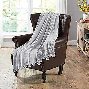 Home Soft Things Pompom Bed Couch Throw Blanket, 50'' x 60'', Silver Grey, Fuzzy Soft Comfy Warm Decorative Throw Blanket for Living Room Bedroom Suitable for All Seasons