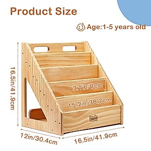 FUNLIO Montessori Bookshelf for Toddlers 1-5 Years, Front-Facing Kids Bookshelf with Handle & Anti-Tilting Device, Premium Pine Baby Bookshelf, Children's Bookcase for Nursery/Classroom, CPC Certified