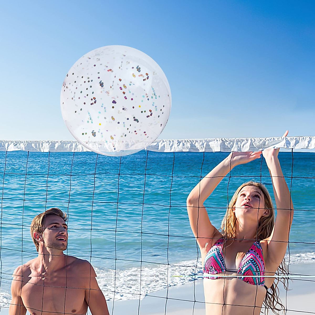 AMOR PRESENT Beach Balls, 16 Inch Glitter Beach Balls Conffeti Pool Toys for Kids Summer Pool Party Beach Volleyball Vacation, Silver