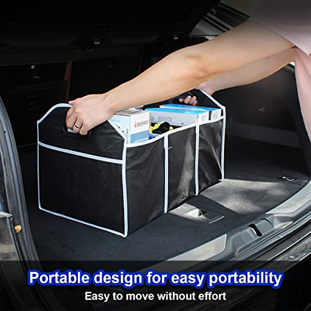Car Trunk Organizer, Portable Foldable Waterproof Auto Storage Bag with 3 Compartments, Collapsible Cargo Trunk Groceries Organizer, Car Accessories Universal for SUV, Truck, Van, Sedan (Black2)
