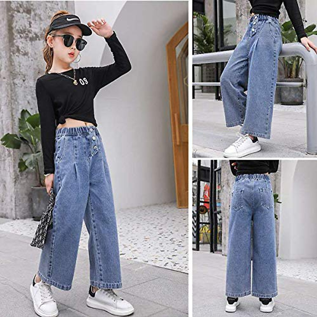 Milokado OnlyAngel Kids Girls Washed Elastic Waist Jeans Age 4-13 Years (Blue, 8-9 Years)