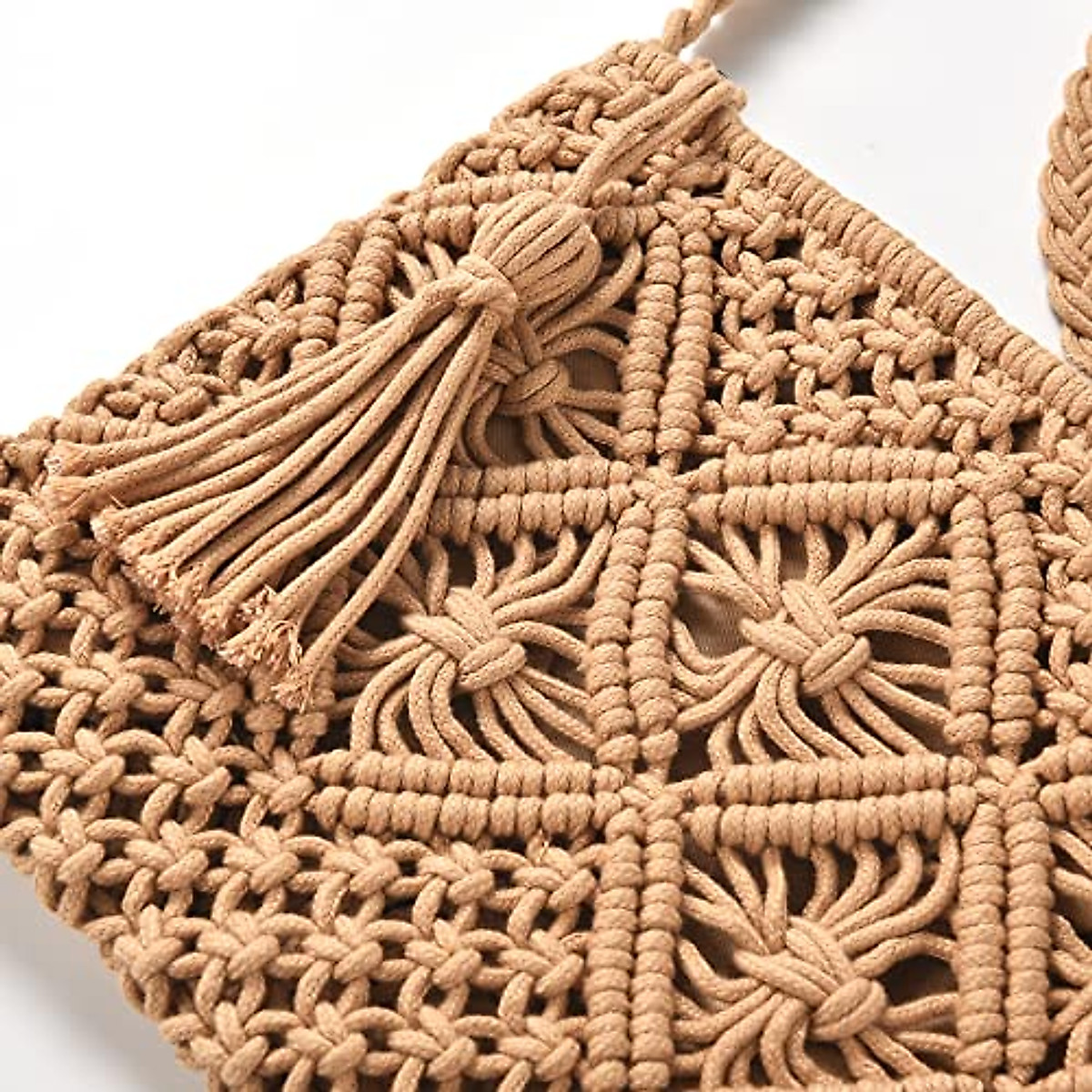 Eiyye Boho Crossbody Handbag Summer Beach Purse Crossbody, Boho Envelope Clutch Crochet Handmade Purse with Tassel, Khaki