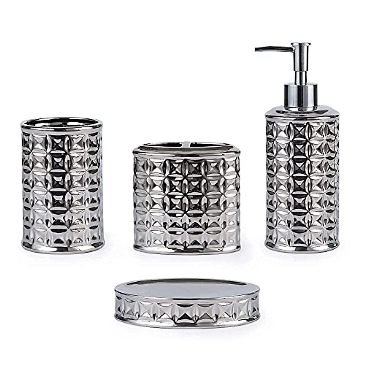 BASDHE Bathroom Accessories Set-5 Piece Ceramic Gift Set Toothbrush Holder,Toothbrush Cup,Soap Dispenser,Soap Dish,Trash Can, Set Bathroom (Grey)