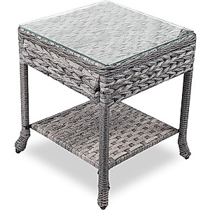 Generic Wicker Patio Side Table with Top - Multipurpose Outdoor End Table for Balcony, Porch, and Backyard Settings with 2-Tier Storage Shelf (Glass Top), Grey, BZ001