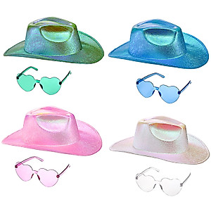 Cididu Set of 4 Holographic Space Cowgirl Hat, Metallic Space Cowboy Party Hat with Heart Glasses for Women, Neon Sparkly Glitter Disco Cowgirl Rave Hat for Costume Dress Up Party Accessories