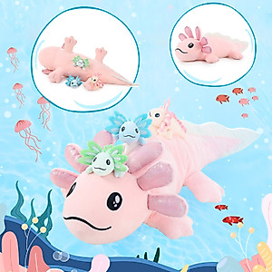 MaoGoLan 4 Pcs Axolotl Plush Stuffed Animal with Babies for Girls,32 inches Large Pink Axolotl Plush Pillow Toy with 3 Baby Axolotls Inside,Long Stuffed Axolotl Pillow Bulk for Axolotl Lover,Boys