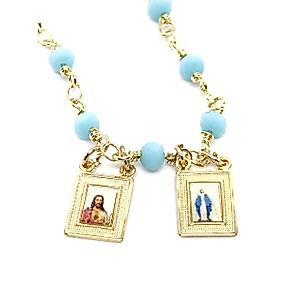 LESLIE BOULES Blue Ligth Beads Scapular Necklace for Women Hand-Craft Religious Jewelry