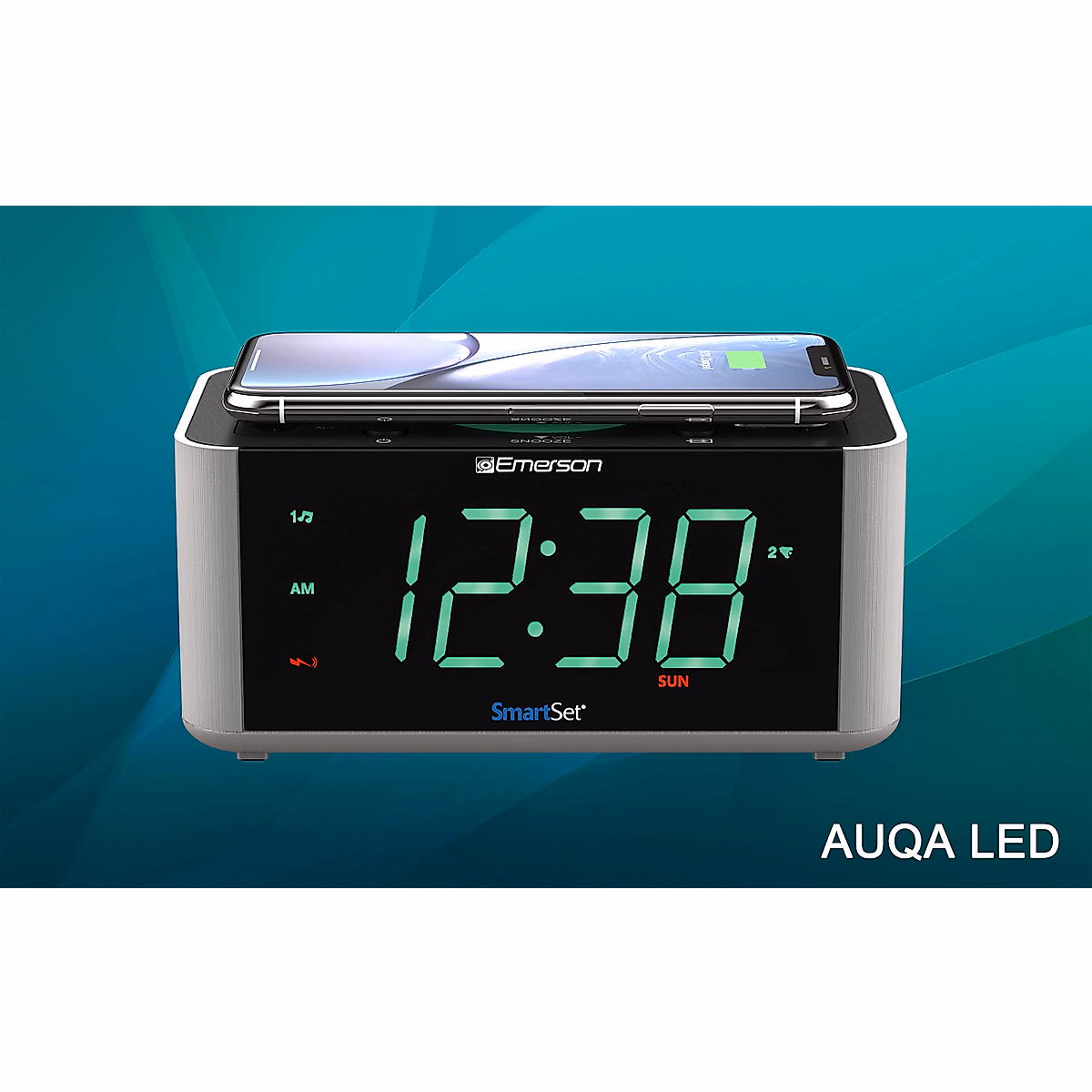 Emerson Smartset Dual Alarm Clock Radio and QI Wireless Phone Charger with Bluetooth, All Qi Compatible Phones, ER100202