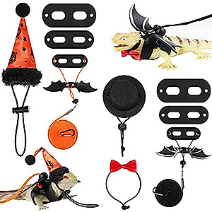 Xuniea 2 Sets Halloween Thanksgiving Bearded Dragon Lizard Leash Harness Hat Set with Halloween Pumpkin Hat, Reptile Harness Leash Black Hat Bowtie Set for Bearded Dragon Lizard Reptile Clothes