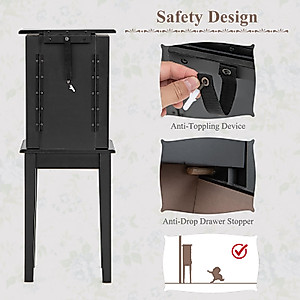 LUARANE Wooden Jewelry Cabinet, Jewelry Storage Organizer with Top Flip Mirror 4 Drawers, 2 Side Doors with Hooks and Compartments, Free Standing Jewelry Armoire with Solid Wood Legs, Black