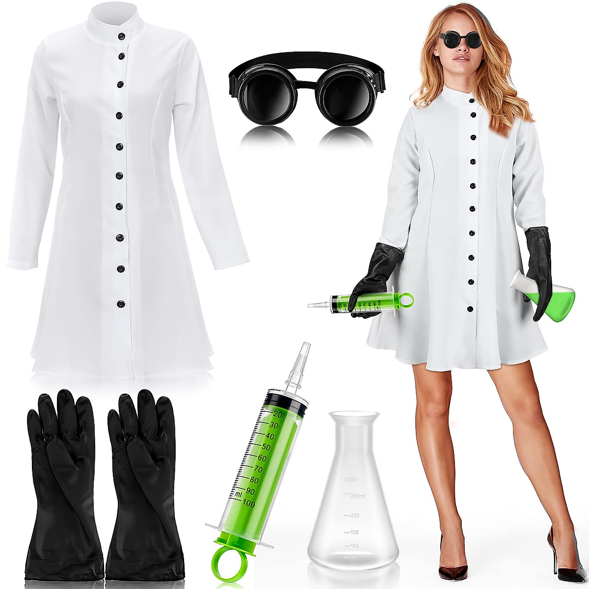 Jiuguva 5 Pcs Women's Mad Scientist Costume for Adult Halloween Party Costume(XL) Black
