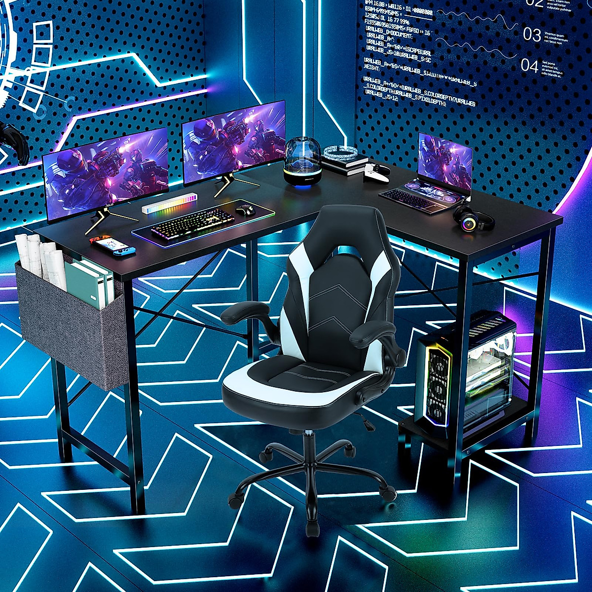 Sweetcrispy L Shaped Desk Gaming Computer 50 Inch Reversible Corner Table PC Work Table for Writing Study Student with Wood Tabletop Metal Frame CPU Stand Side Bag for Home Office Small Place, Black