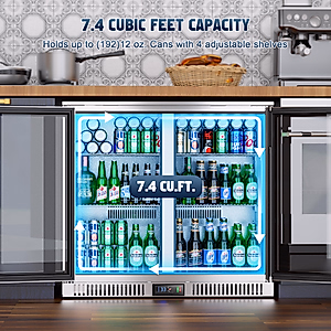 Coolski Back Bar Cooler Counter Height Beverage Refrigerator with 2 Glass Doors, Commercial Undercounter Display Fridge for Beer Soda Wine, 7.4 Cu.Ft. Capacity/LED Lighting/ETL NSF Approved