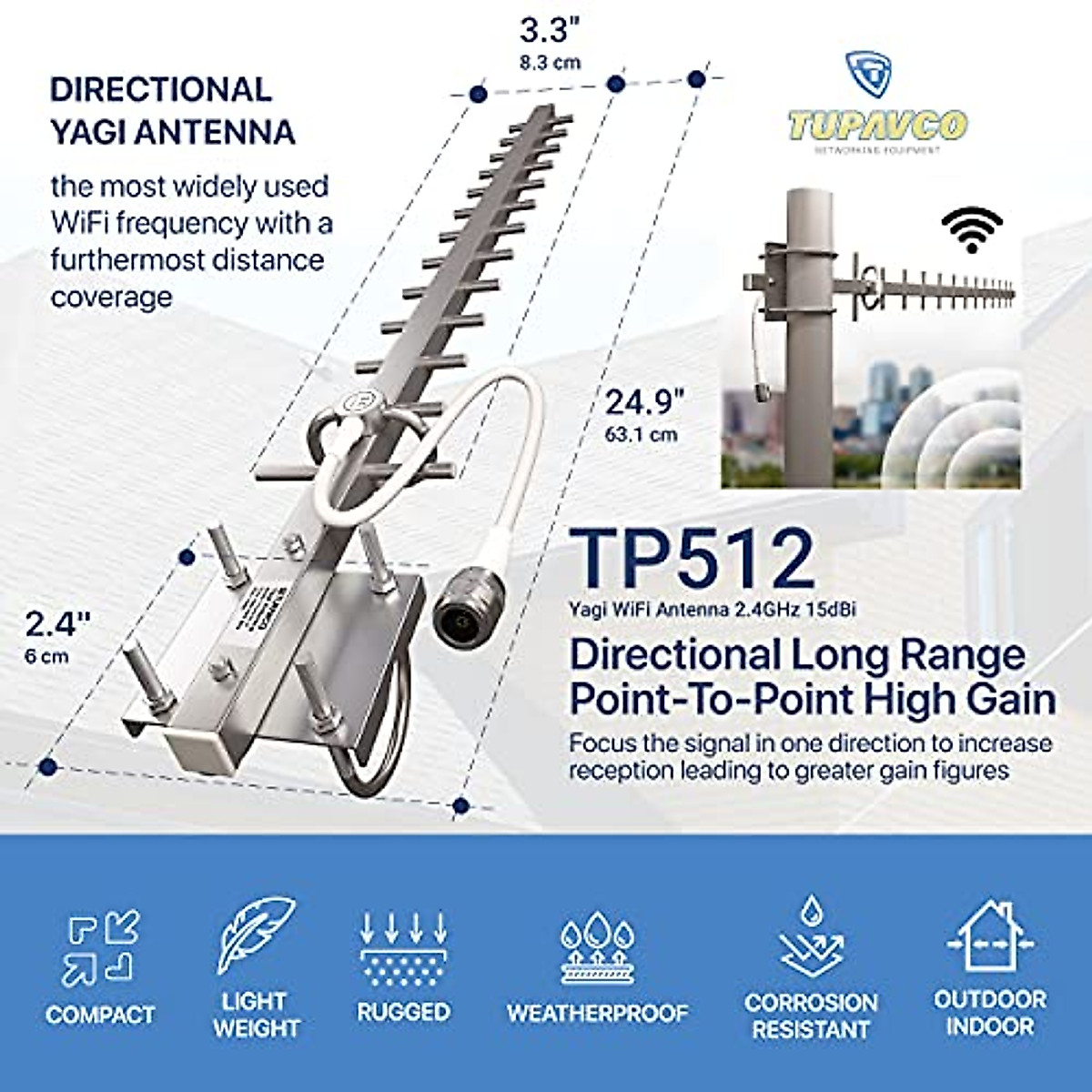 Yagi WiFi Antenna 2.4GHz (15dBi) Outdoor Directional Signal (H:30° V:25°) Long Distance Range (High-Gain Weatherproof) Wireless Network (Pole Mount) N-Female Pigtail Connector Tupavco TP512