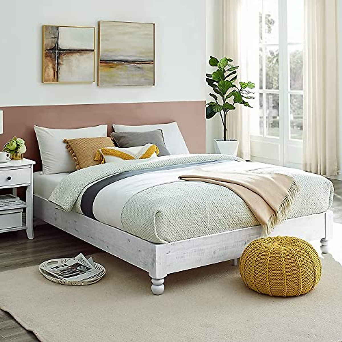 MUSEHOMEINC Solid Wood Platform Bed Frame Rustic Style ,Mattress Foundation(no boxspring Needed), White Washed Finish,Queen