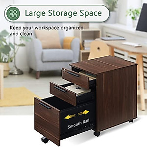 VICLLAX 3 Drawers Locking Mobile File Cabinet, Under Desk Storage Filing Cabinet for Home Office, Brown Walnut