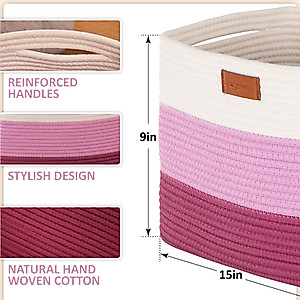 PHI VILLA Large Cotton Rope Basket, Woven Nursery Laundry Blanket Basket Toy Basket with Handles for Storage, Living Room, 15 x 10 x 8 inches, ‎Gradient Pink, 1-Pack