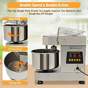 Commercial Food Mixer, 10.5Qt Capacity, 750W Dual Rotating Dough Kneading Machine with Food-grade Stainless Steel Bowl, Security Shield & Timer Included, Baking Equipment for Restaurant (10 QT)