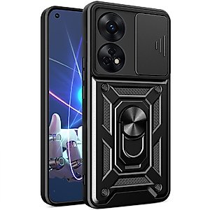 CCSmall for Oppo Reno8 T 4G (Not 5G) Case with Slide Camera Cover, Military Grade Drop Protective Phone Cover Case with Ring Kickstand for Oppo Reno 8T 4G SJ Black
