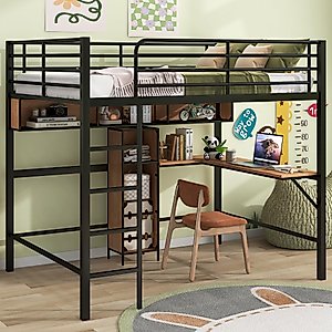 Oudiec Full Size Loft Bed with Wood L -Shaped Desk,Multifunctional Metal Bedframe w/Ladder & Shelves & Safety Rail for Dorm,Bedroom,No Noise,No Box Spring Needed,Black