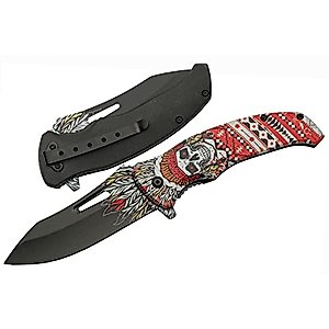 SZCO Supplies 8.5” Red Feather Skull Liner Lock EDC Folding Knife With Pocket Clip