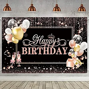 Rose Gold Happy Birthday Backdrop Banner,Happy Birthday Decoration Banner, Black and Rose Gold Happy Birthday Banner Sign, Happy Birthday Backdrop for Girls Women71 x 45 Inch